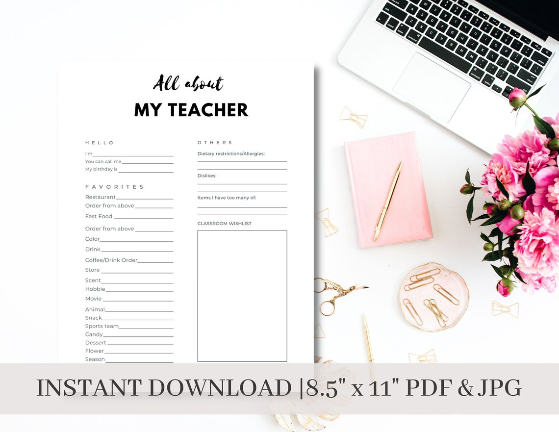 INSTANT DOWNLOAD & PRINT - All About My Teacher Printable | Teacher ...