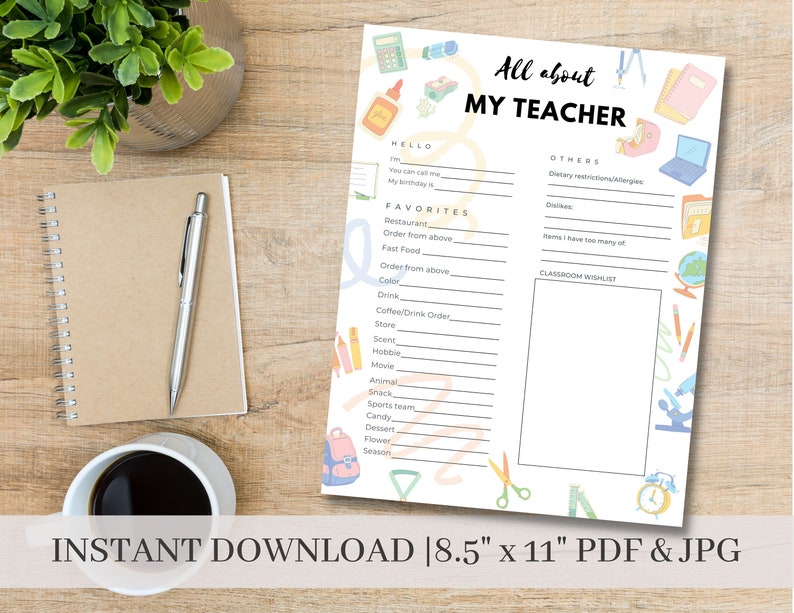INSTANT DOWNLOAD & PRINT - All About My Teacher Printable | Teacher ...