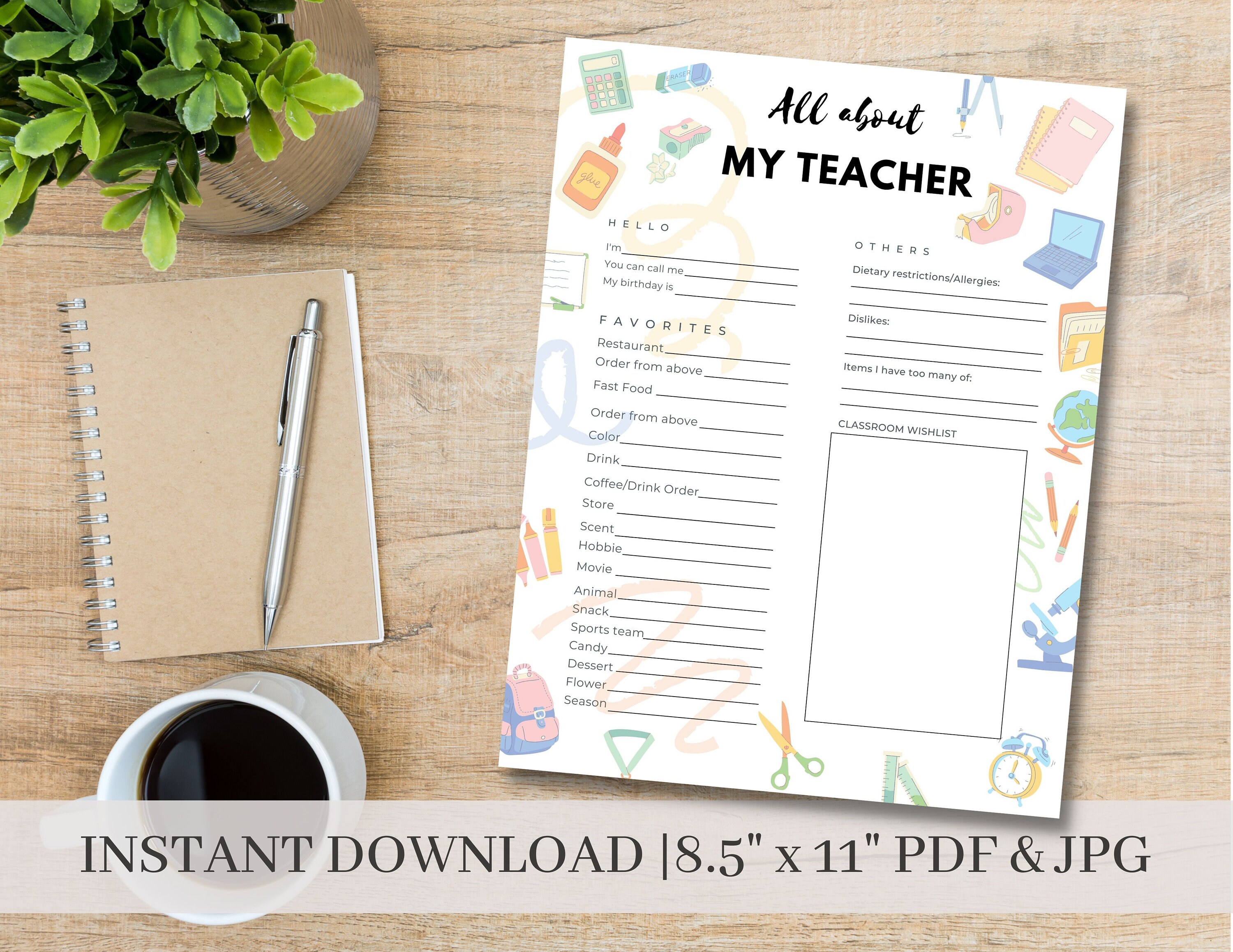 INSTANT DOWNLOAD & PRINT - All About My Teacher Printable | Teacher ...