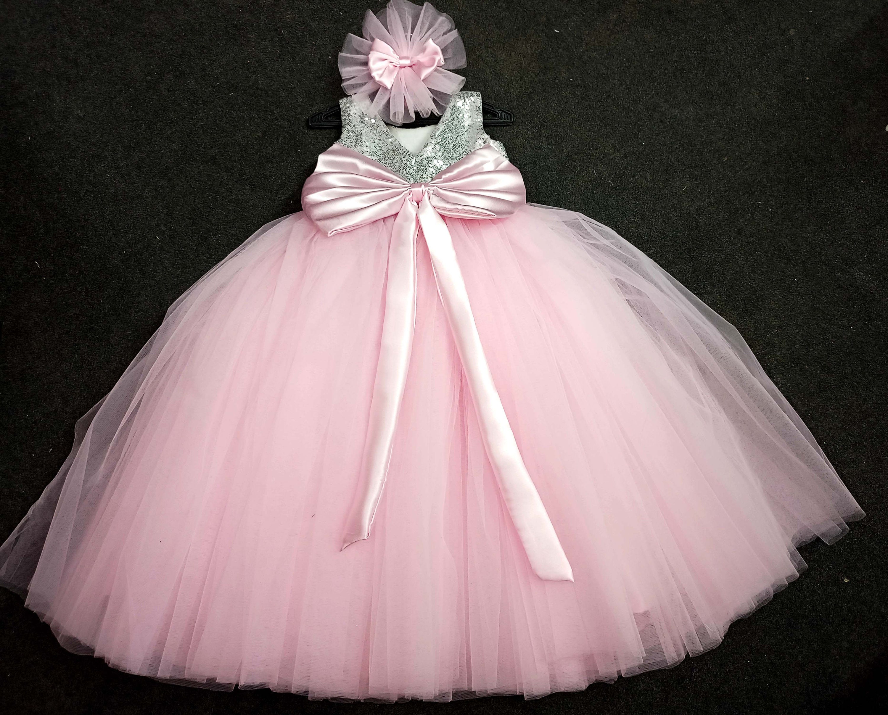 Cute Baby Pink Color Bow Dress Full Length With Head Band - Etsy