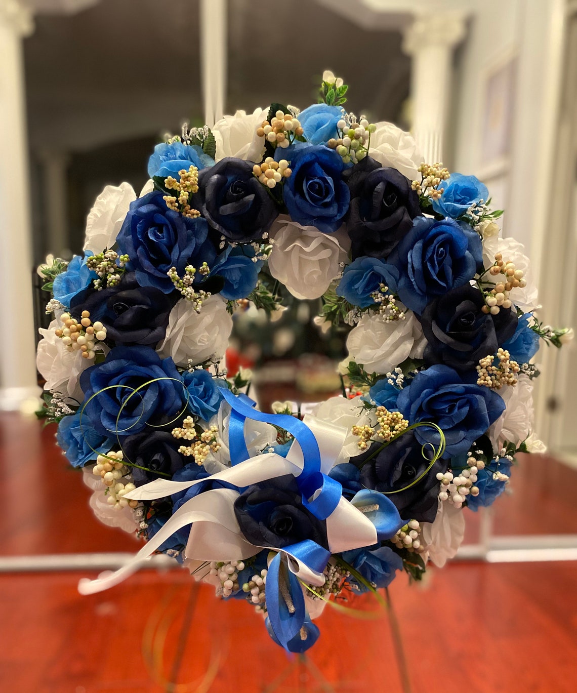 Multi Blue Wreath Cemetery Artificial Flowers Funeral Grave Decorations ...
