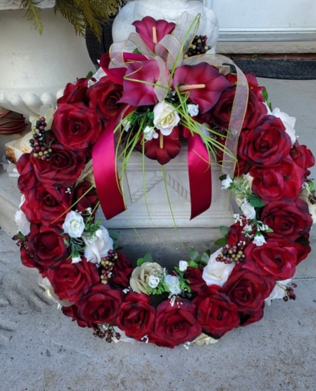 Round Wreath Roses Cemetery Flowers Artificial Funeral Wreath Grave ...