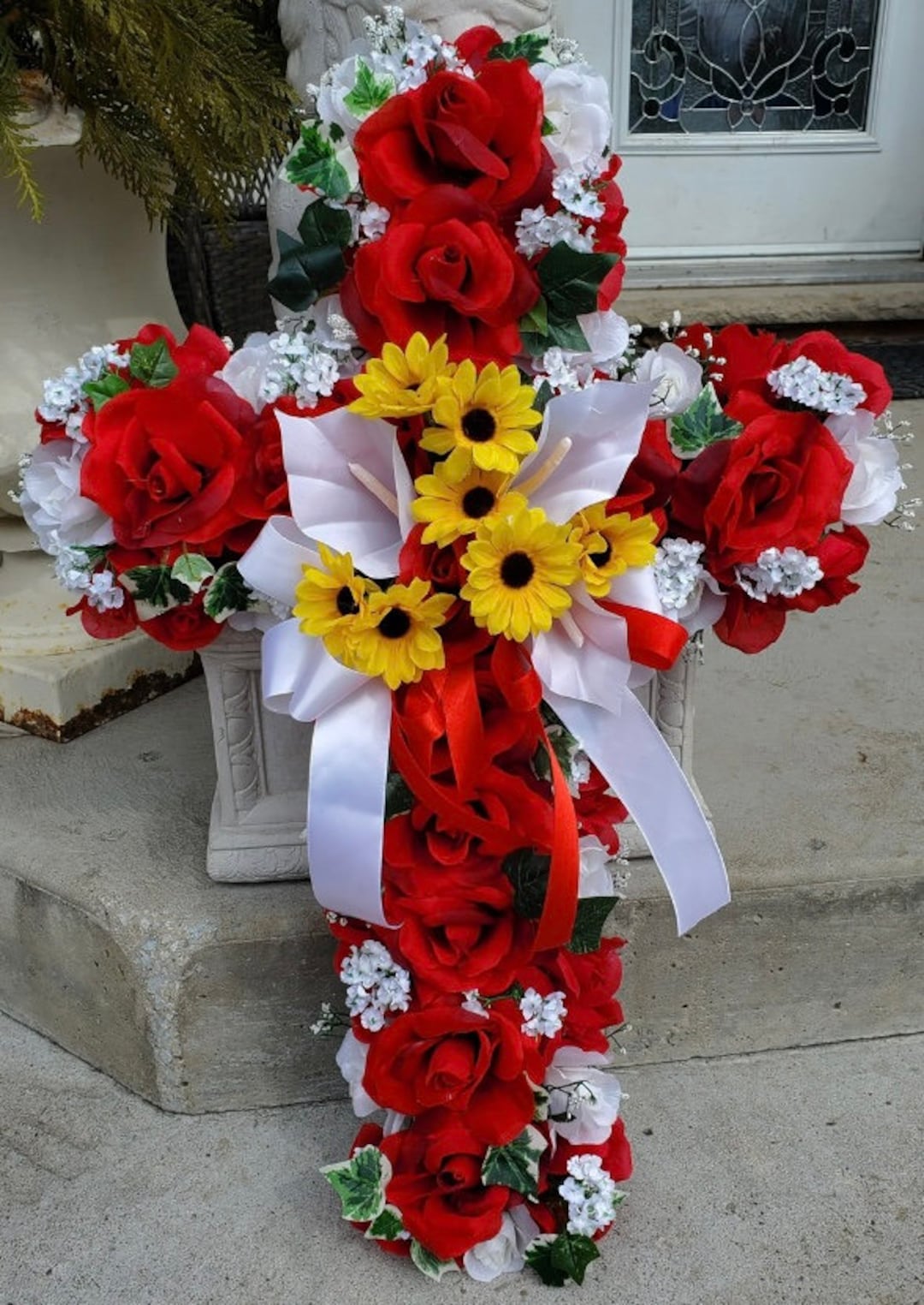 Sunflower & Roses Cross Love Cemetery Funeral Flowers Memorial ...
