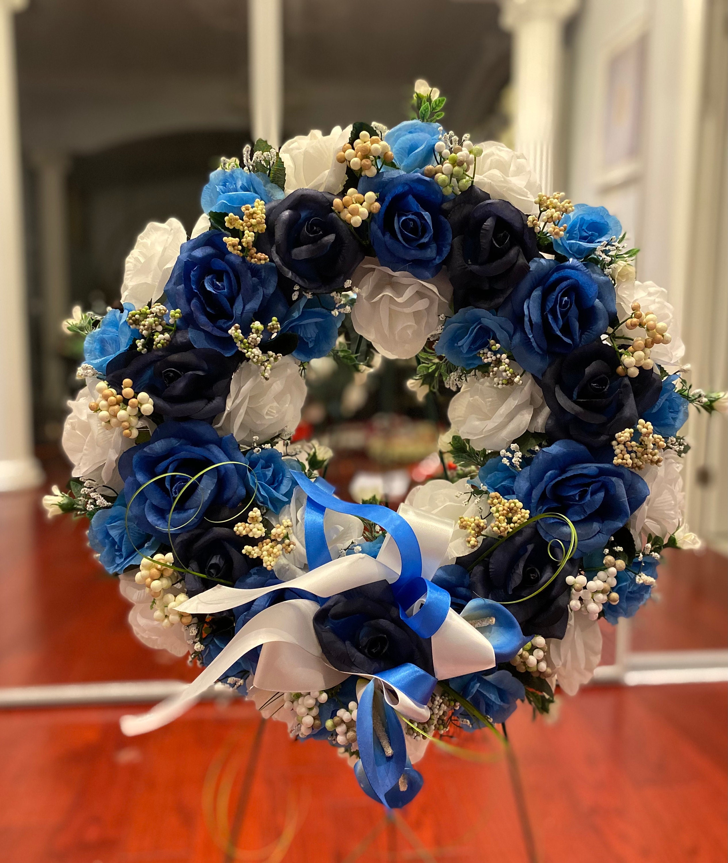 Multi Blue Wreath Cemetery Artificial Flowers Funeral Grave Decorations ...