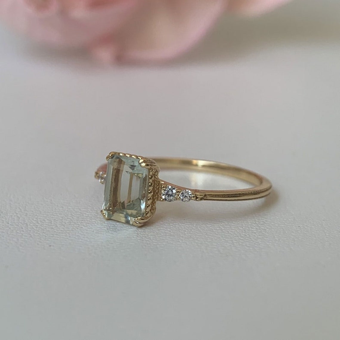 Natural Green Amethyst Ring Emerald Cut Prasiolite Rings 925 Sterling Silver February Birthstone ...