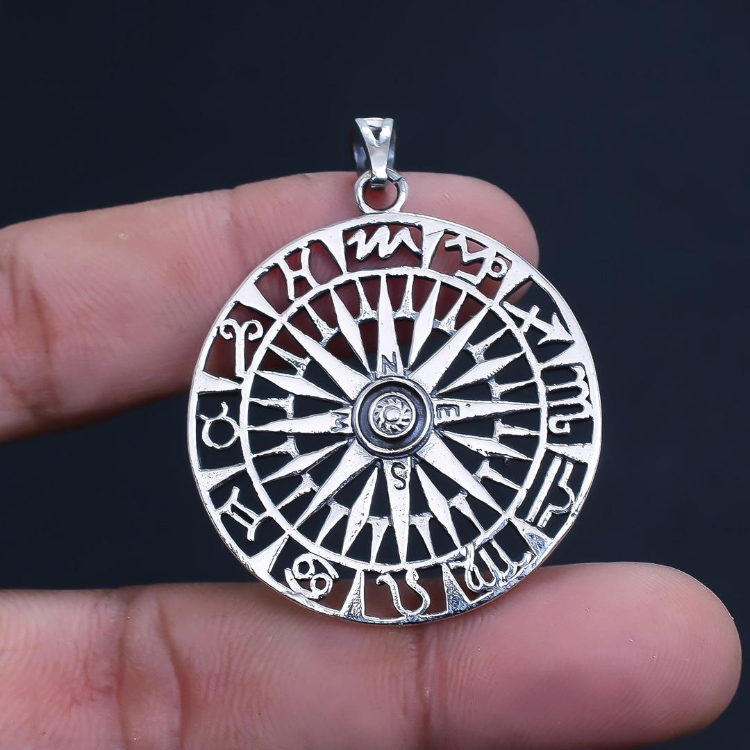 Silver Zodiac Compass Pendants Compass Charm, Travel Necklace, Zodiac ...