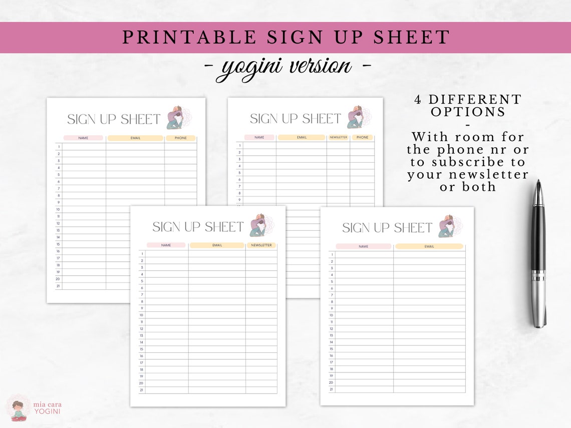 Yoga Class Sign-up Sheet Printable, Email List Template (digital ...