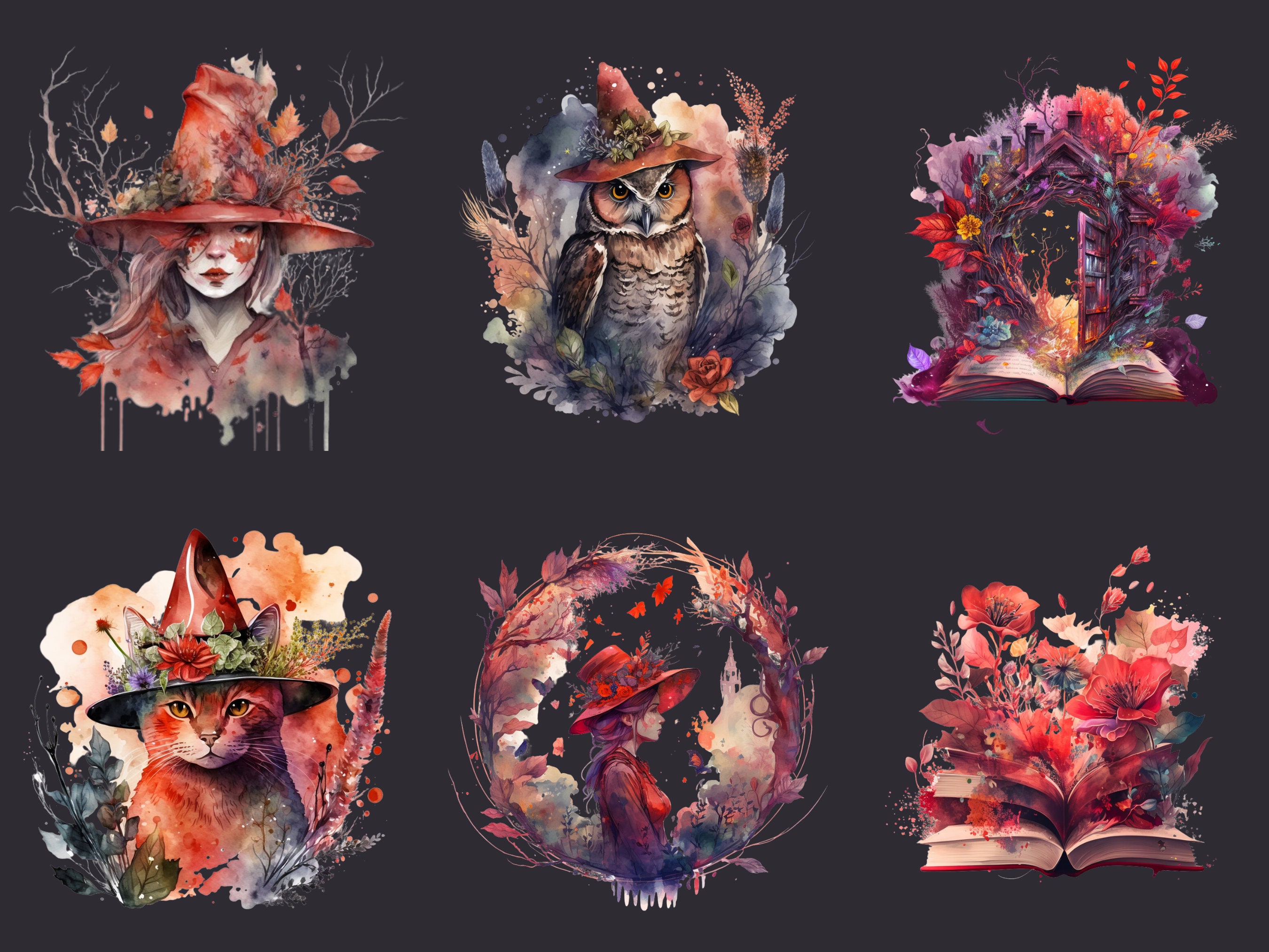 24 PNG Watercolor Crimson Witch Clipart Red Witchcraft Clip - Etsy