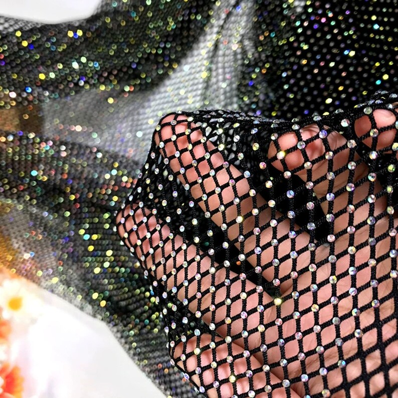 Shinning AB Rhinestones Black Mesh Stretch Fabric for Dress Costume ...