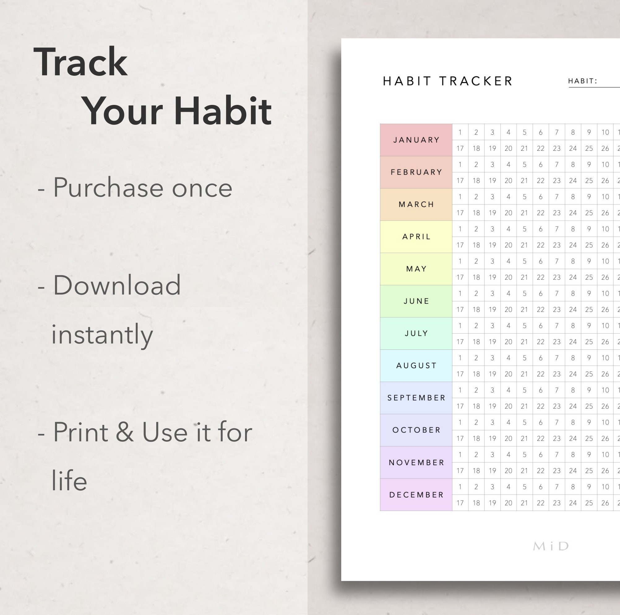 Monthly Habit Tracker Printable Annual Habit Tracker - Etsy Australia