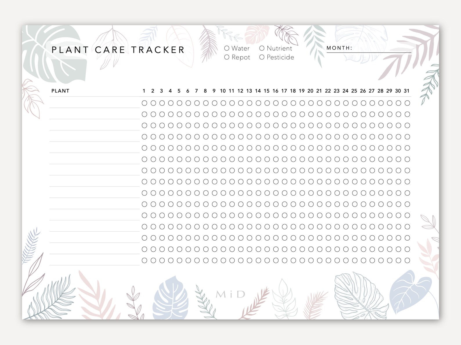 Plant Care Tracker Printable Landscape, Watering Planner Template ...