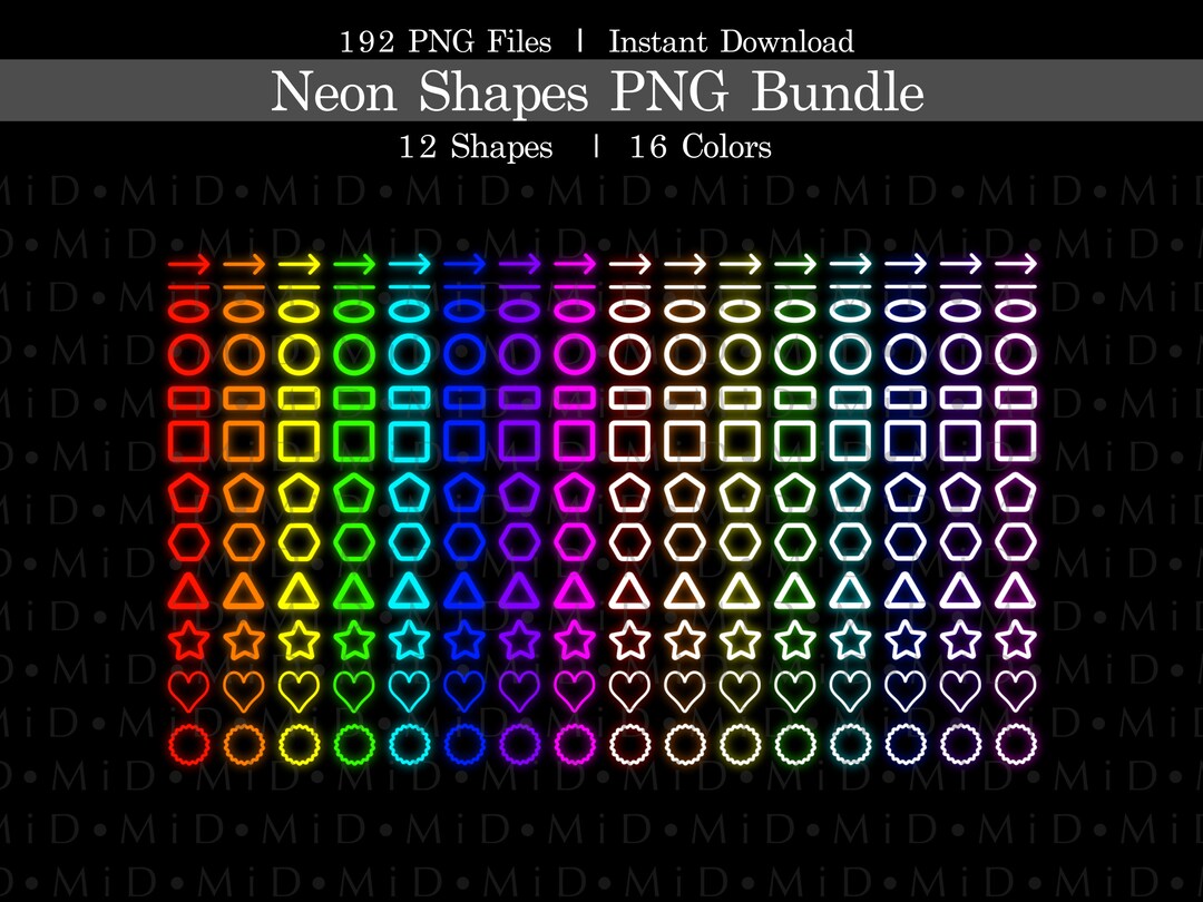 192 Neon Shapes PNG Bundle, Neon Geometric Figures, Neon Light Effect ...