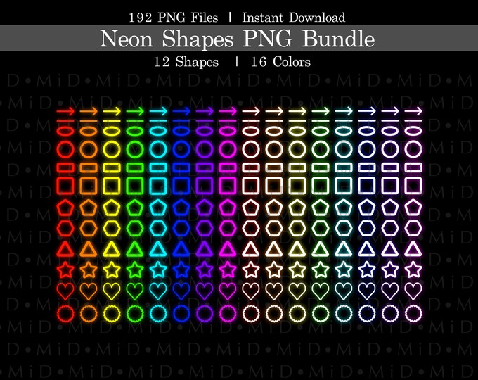 192 Neon Shapes PNG Bundle, Neon Geometric Figures, Neon Light Effect ...