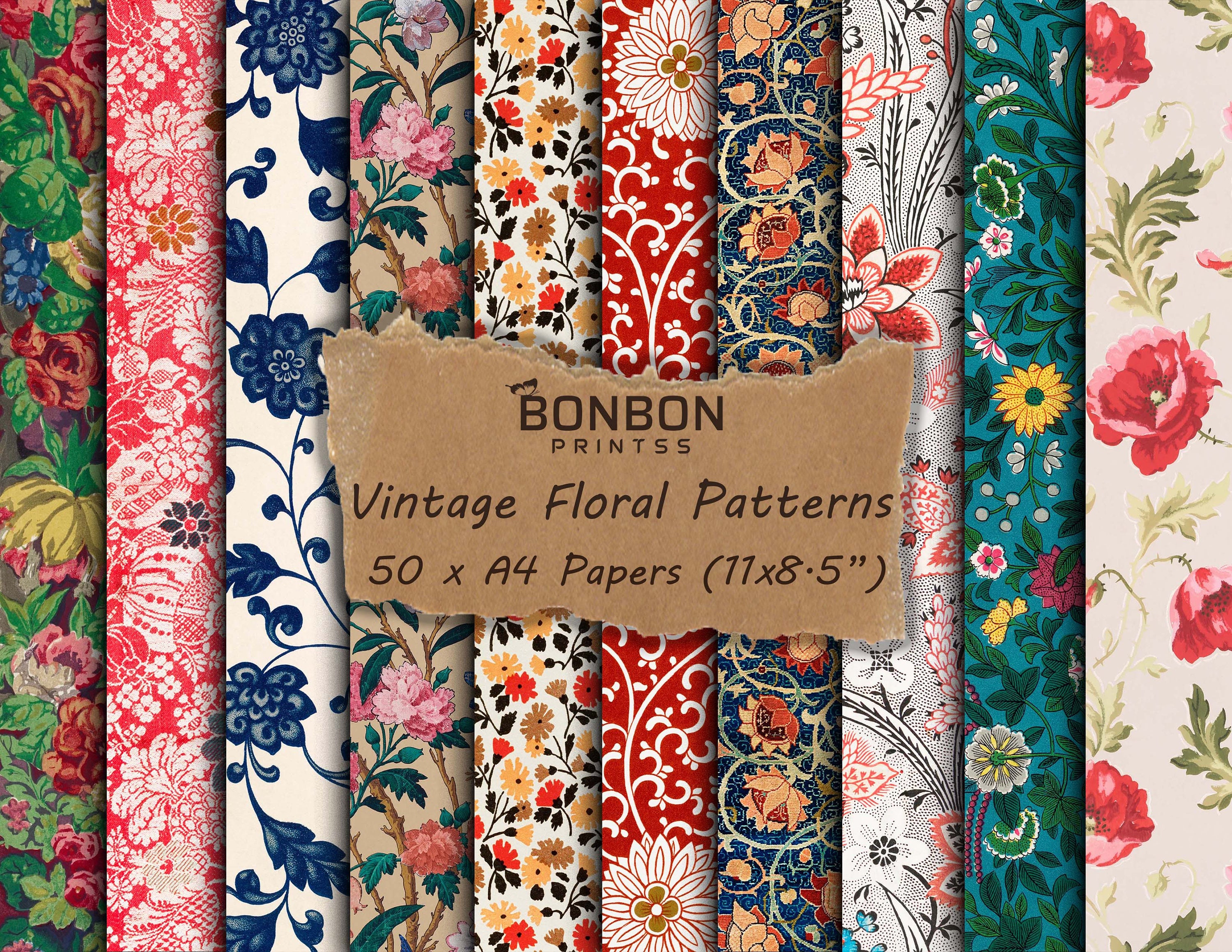 Vintage Floral Paper Pack: 50 Retro Prints for Junk Journals (digital ...