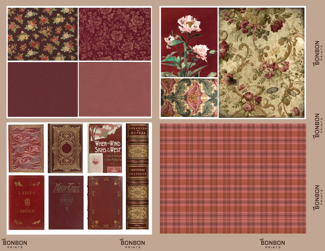 Vintage Burgundy Ephemera, Scrapbook Ephemera, Instant Download ...