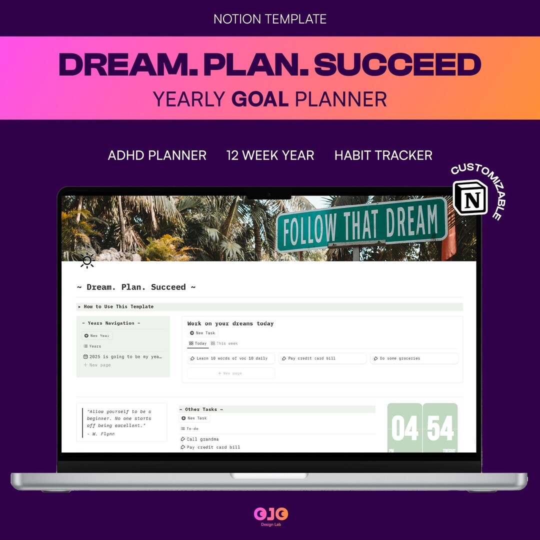 Yearly Goal Tracker 12 Week Year Planner ADHD Friendly Notion Template ...