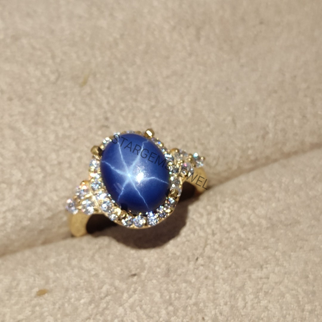 Genuine Blue Star Sapphire Ring, 14k Gold Yellow Gold Ring, Natural ...
