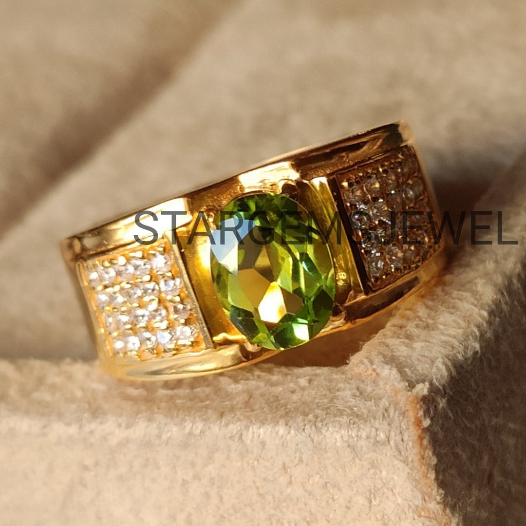 Natural Peridot Signet Ring for Men 14k Gold Peridot Wedding Ring ...
