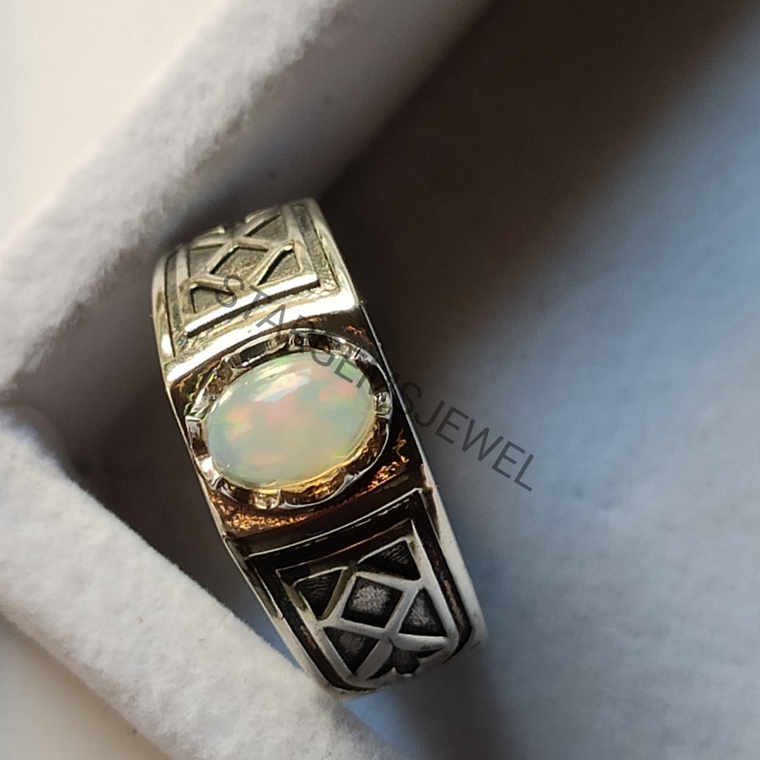 Natural Ethiopian Opal Men's Ring: Sterling Silver Art Deco October ...