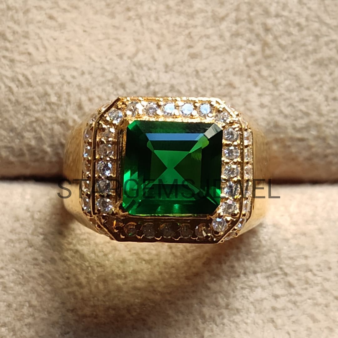 14K Gold Emerald Men's Ring: Art Deco Green Gemstone Wedding Band - Etsy
