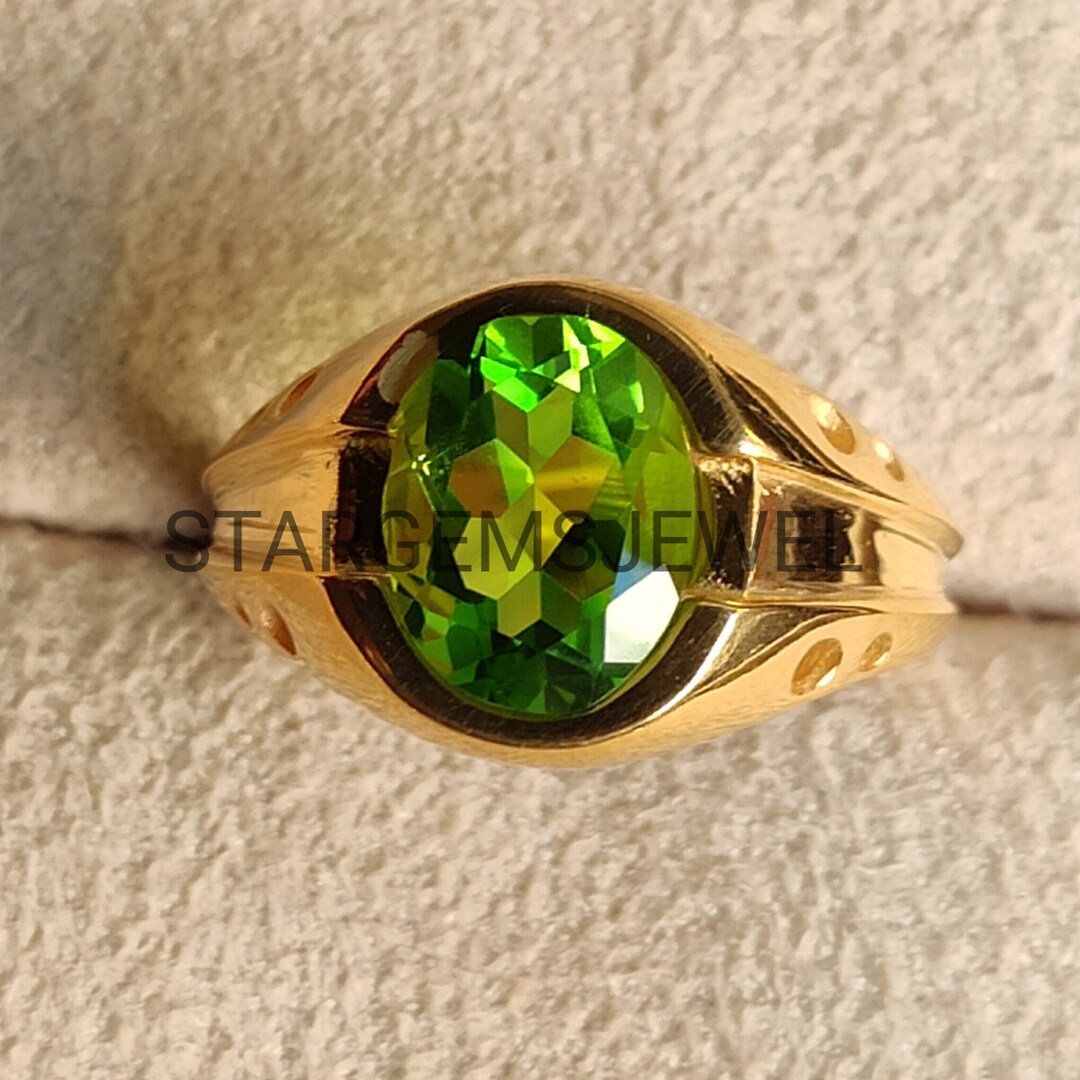 14k Gold Peridot Men's Ring, Oval Stone Ring, August Birthstone, Gift ...