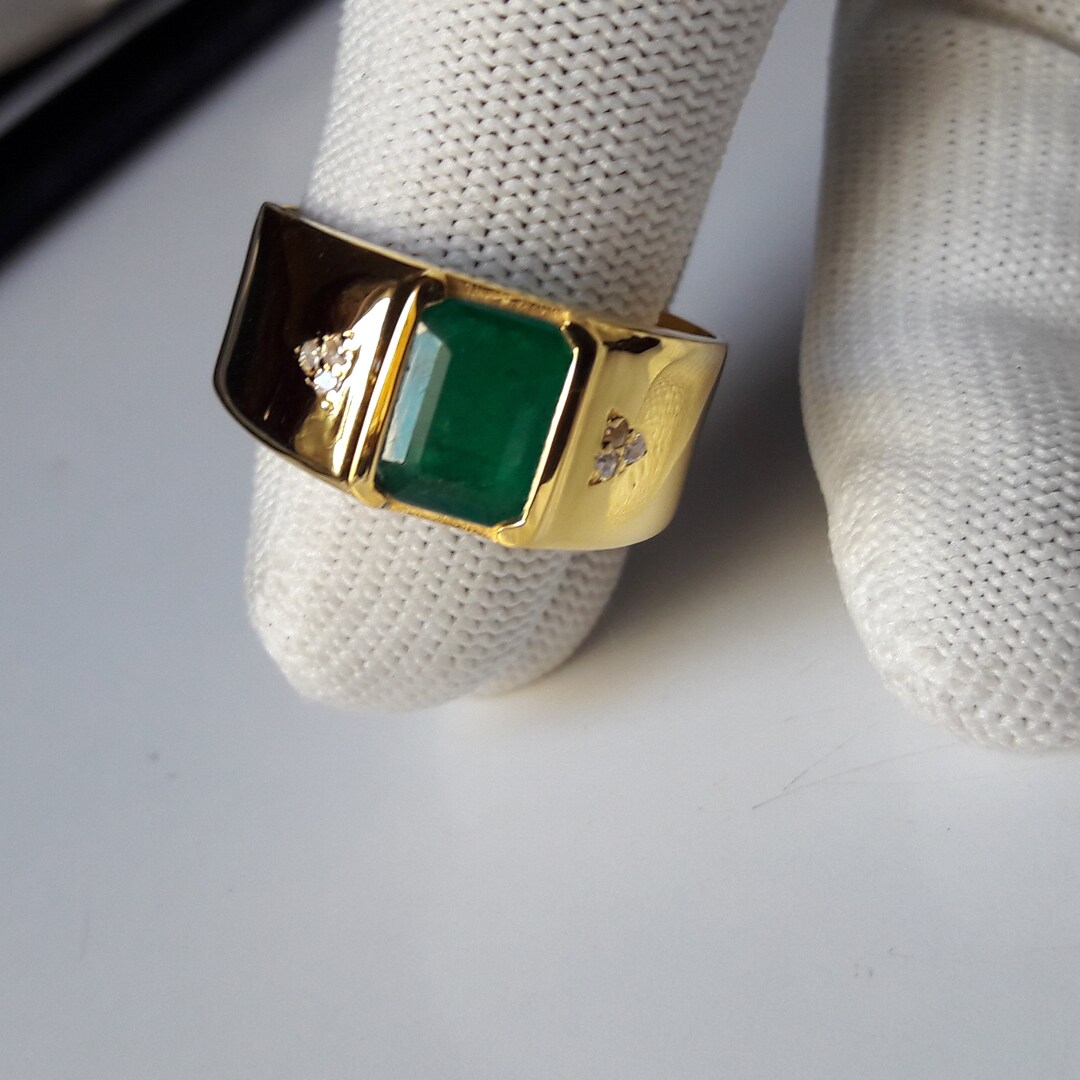 Lab Created Emerald Men Ring, 14k Solid Gold Wedding Band for Men ...