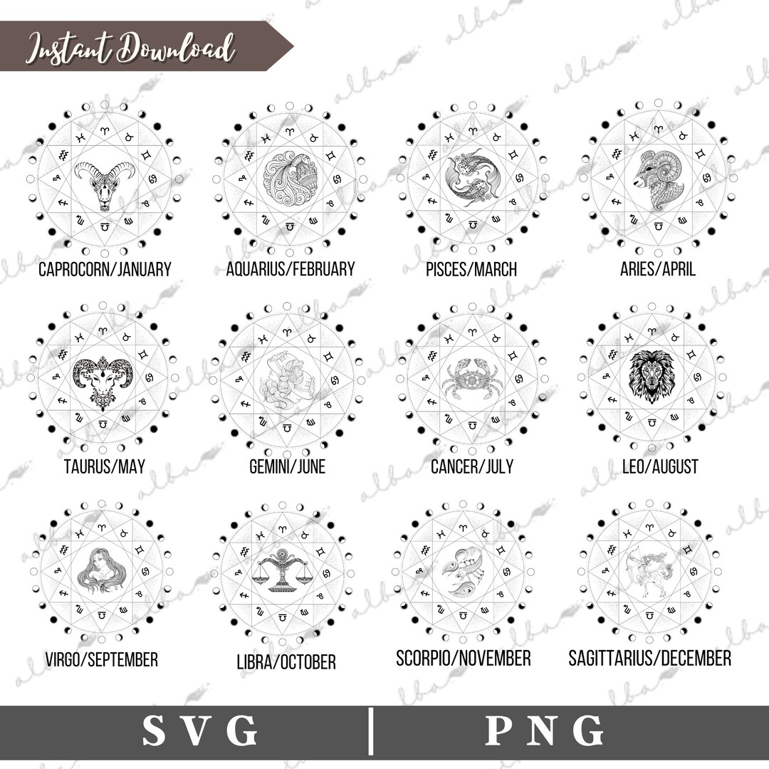 Zodiac Signs SVG PNG 12 Months Zodiac Signs Digital SVG - Etsy