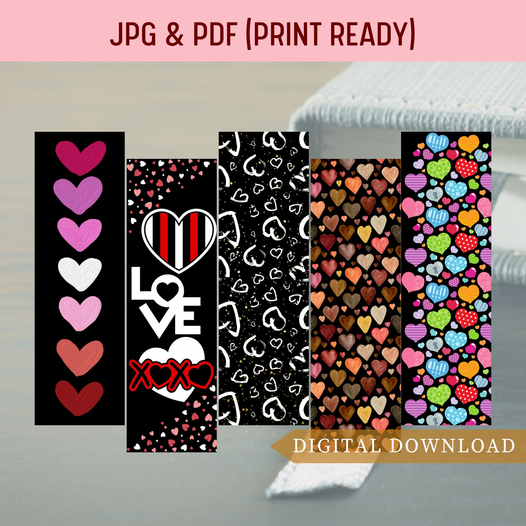 DIGITAL Cute Hearts Bookmarks Printable Bookmarks SET OF 10 Bookmarks ...