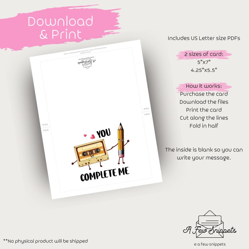 You Complete Me Printable Card Valentine's Day Love Anniversary Cute ...