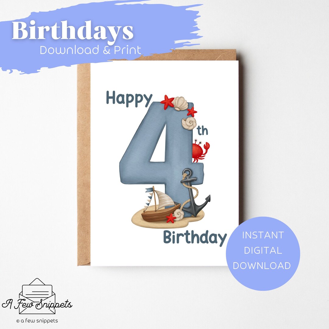 Happy 4th Birthday Printable Card | Birthday Card | Card Template ...