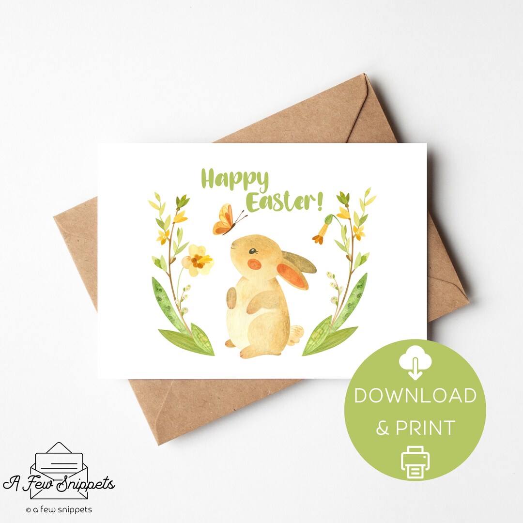 Happy Easter Printable Card | Easter Bunny With Spring Flowers | Print ...