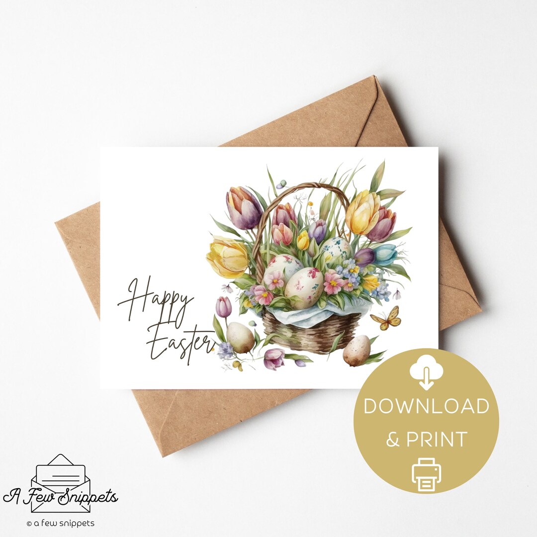 Happy Easter Printable Card | Easter Eggs | Spring Flowers | Print at ...