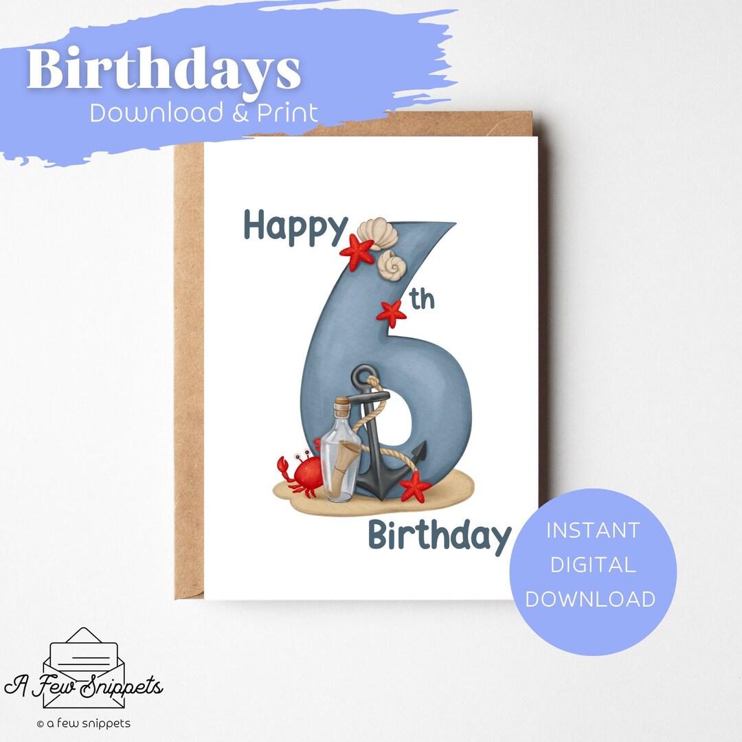 Happy 6th Birthday Printable Card | Birthday Card | Card Template ...