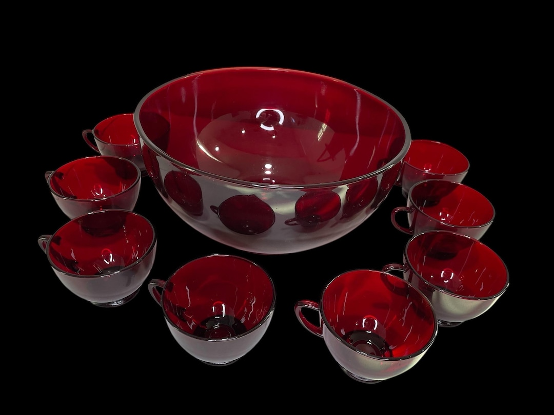 Vintage Anchor Hocking Ruby Red Punch Bowl W/ 8 Cups 10 X 5 - Etsy