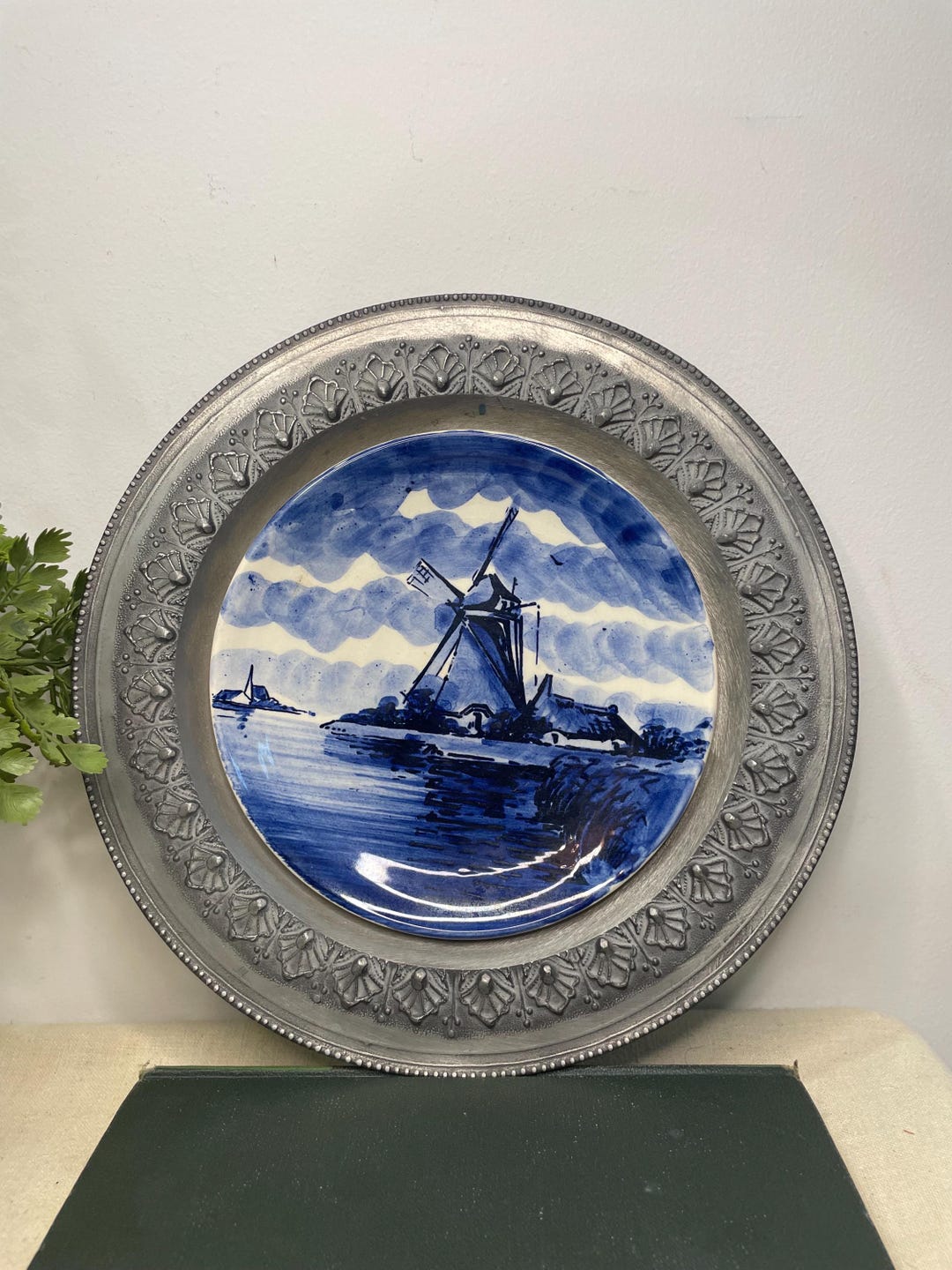 Vintage German Hand Painted Delft Blue & White Plate Windmill Embossed ...
