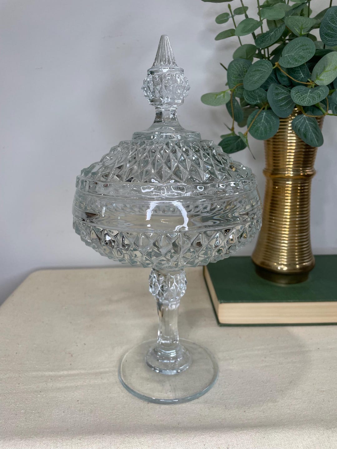 Vintage Indiana Glass Diamond Point Clear Compote Pedestal Candy Dish