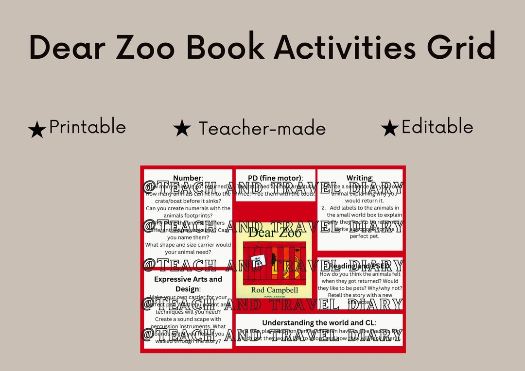 Dear Zoo Book Activities Grid for EYFS or Key Stage 1 Editable Teacher ...