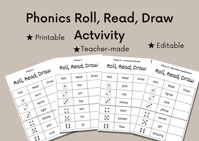 Phonics Roll, Read and Draw Activity Sheets Phase 2 to 5. - Etsy