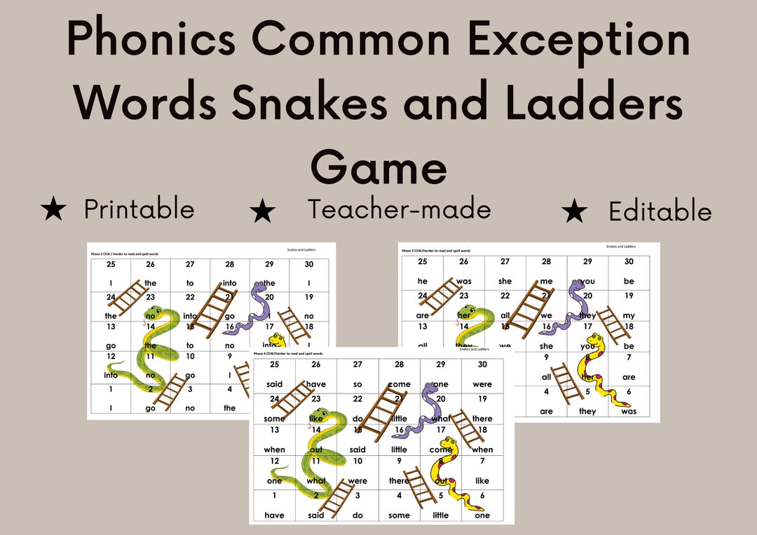 Phonics Common Exception Word Snakes and Ladders Game Phase 2 to 5 ...