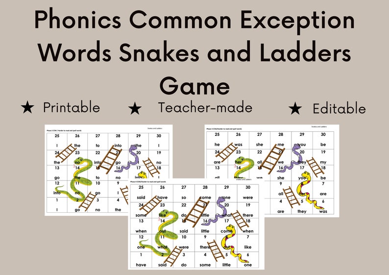 Phonics Common Exception Word Snakes and Ladders Game Phase 2 to 5 ...