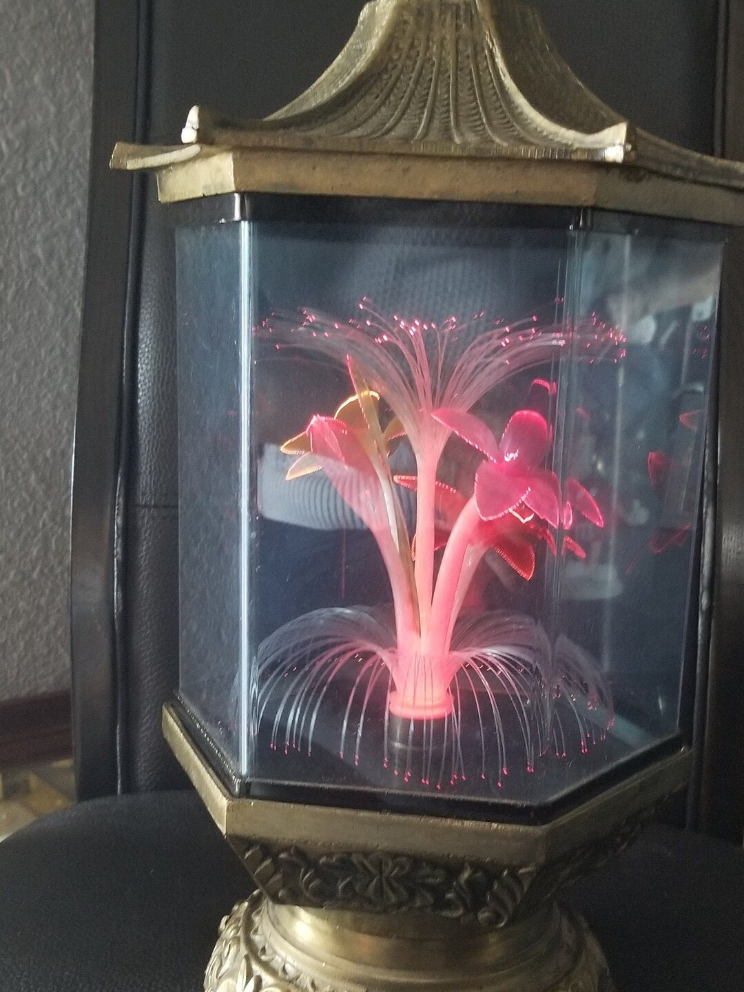 Vtg Fiber Optic Octagon Floral Lamp Brass Rotating Multi Color Flowers ...