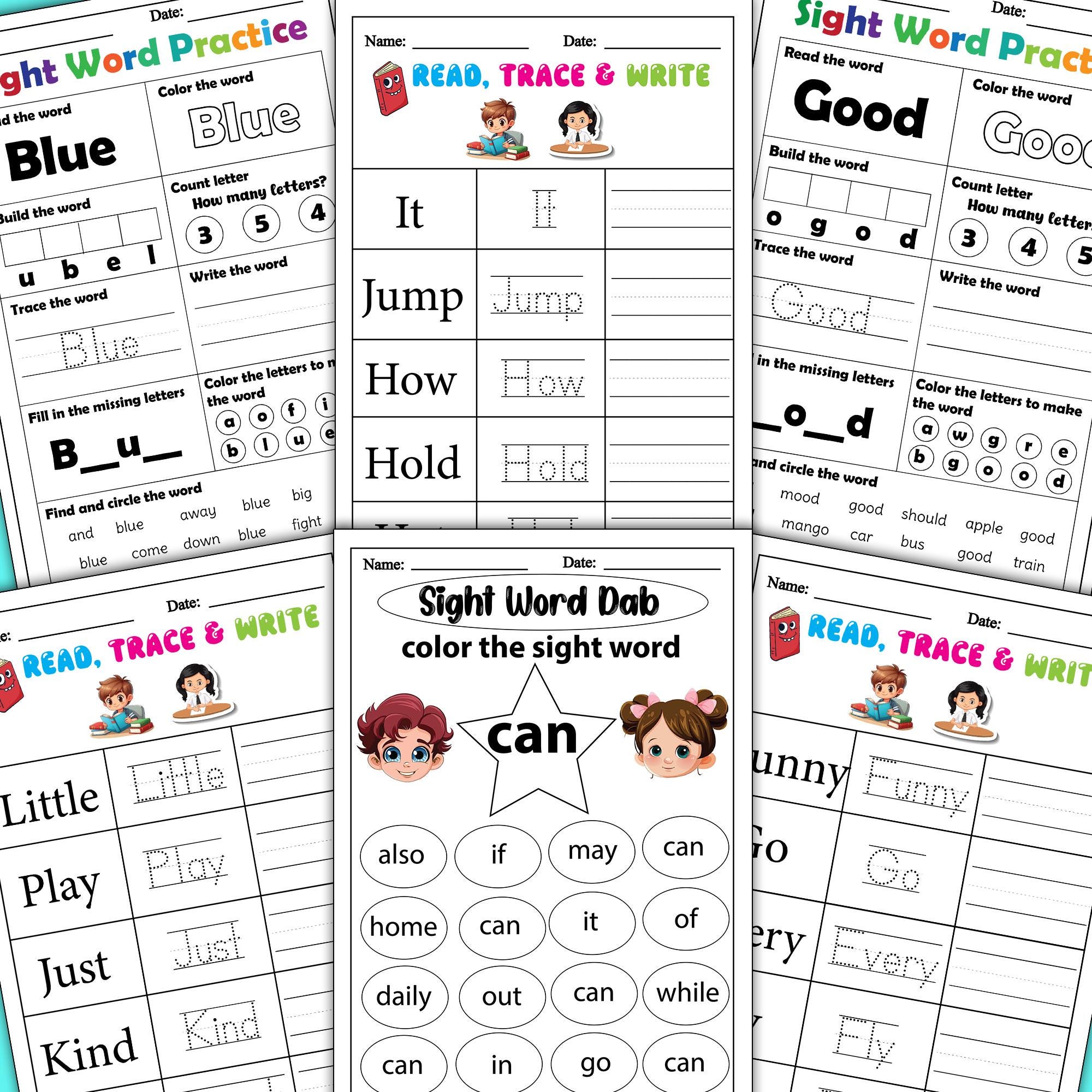 50 Sight Words Practice Pages, Printable Kindergarten Sight Words ...