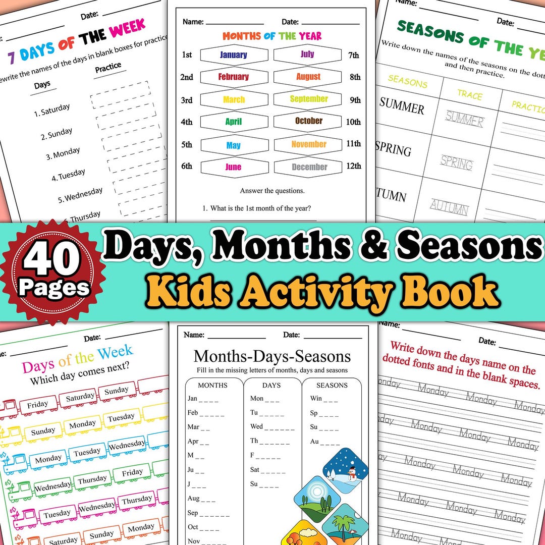Days Months Seasons 40 Activity Worksheets for Kids Activity Pages for ...