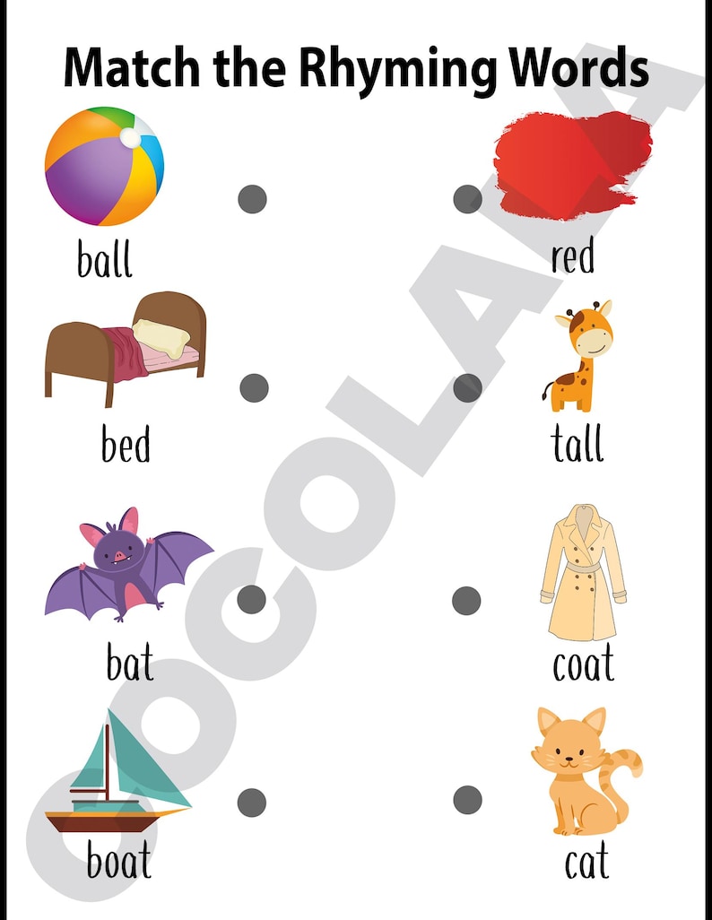 30 Rhyming Word Matching Cards Printable for Kids, Preschool ...
