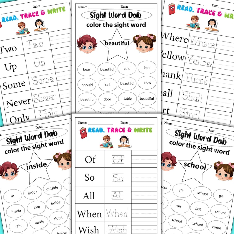 50 Sight Words Practice Pages, Printable Kindergarten Sight Words ...