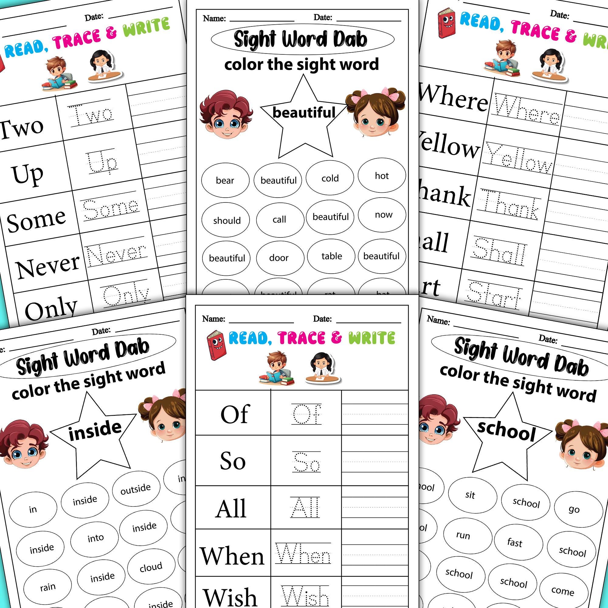 50 Sight Words Practice Pages, Printable Kindergarten Sight Words ...