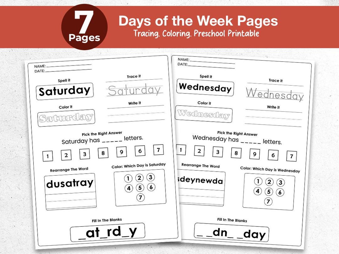 Days of the Week Worksheets - Preschool and Kindergarten Tracing ...