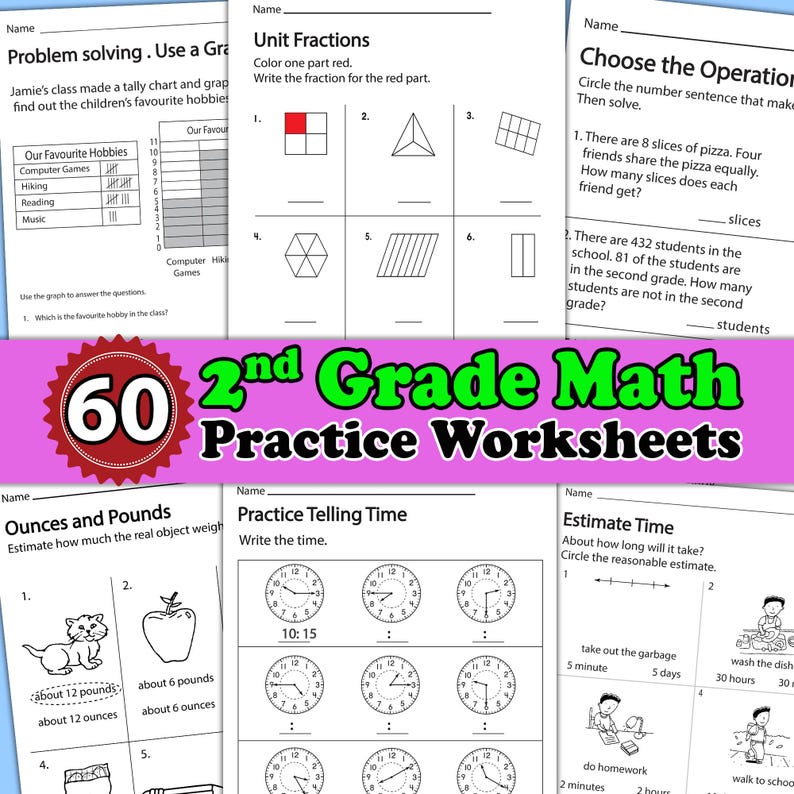 Math 2nd Grade Worksheets 60 Page Summer Workbook for Kids Summer Math ...