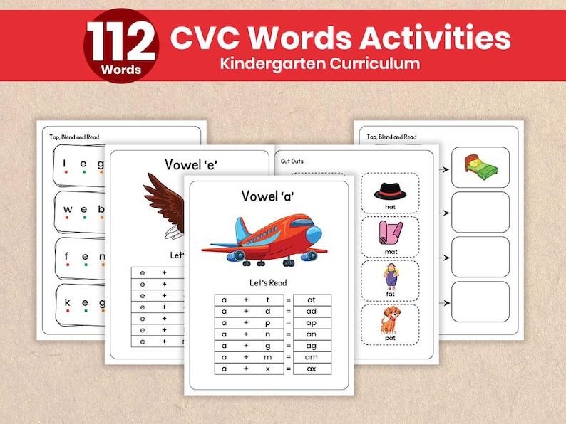112 CVC Words Worksheets Printable, Learn to Read Short Vowels ...
