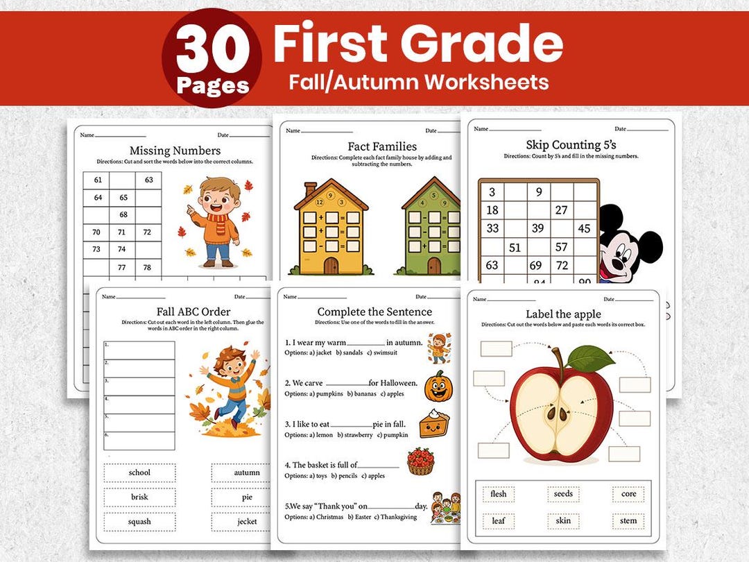 First Grade Fall Theme Worksheets Printable | Autumn Math & Literacy ...